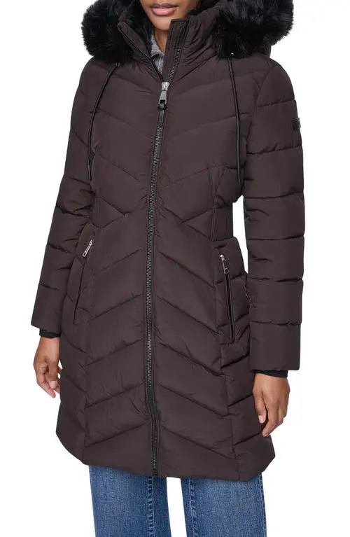 Dkny Hooded Puffer Coat With Faux Fur Trim - Bitter