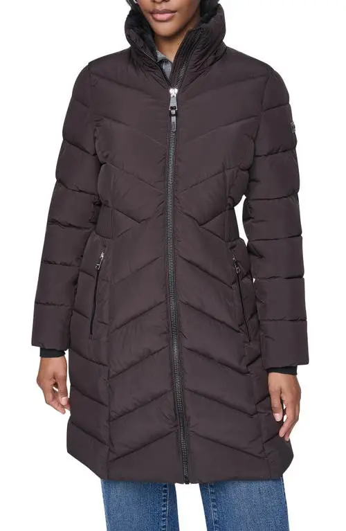 Dkny Hooded Puffer Coat With Faux Fur Trim - Bitter