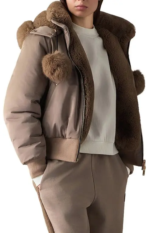 Moose Knuckles Luxe Satin Reversible Faux Fur Bomber Jacket - Ashen