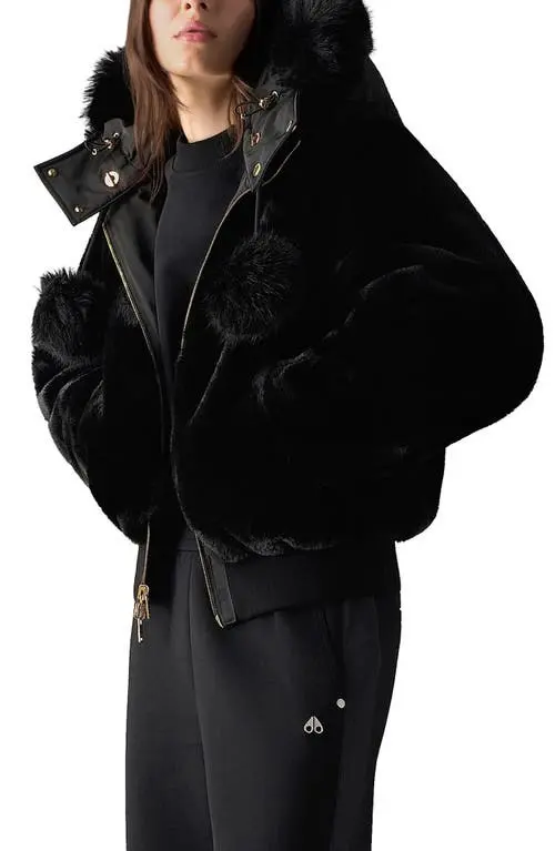 Moose Knuckles Luxe Satin Reversible Faux Fur Bomber Jacket - Black