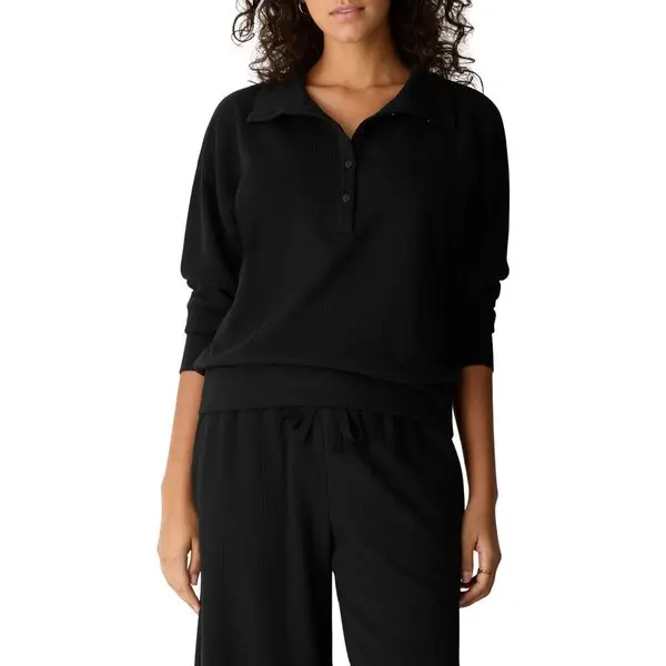 Eileen Fisher High Collar Henley Top - Black