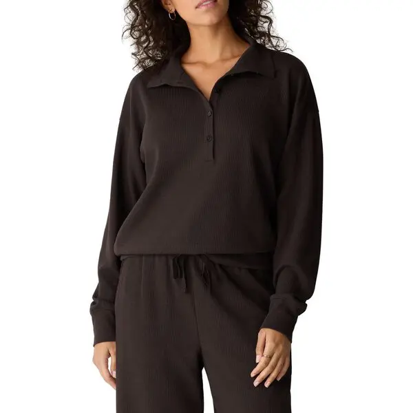 Eileen Fisher High Collar Henley Top - Coffee