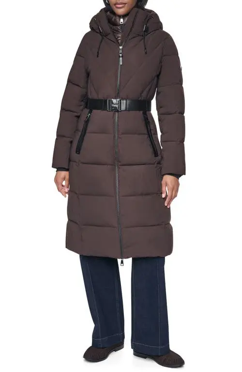 Dkny Water Resistant Belted Long Puffer Coat With Bib - Bitter