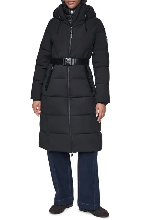 Dkny Water Resistant Belted Long Puffer Coat With Bib - Black