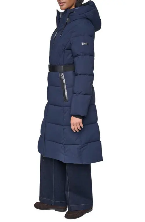 Dkny Water Resistant Belted Long Puffer Coat With Bib - Dark Navy