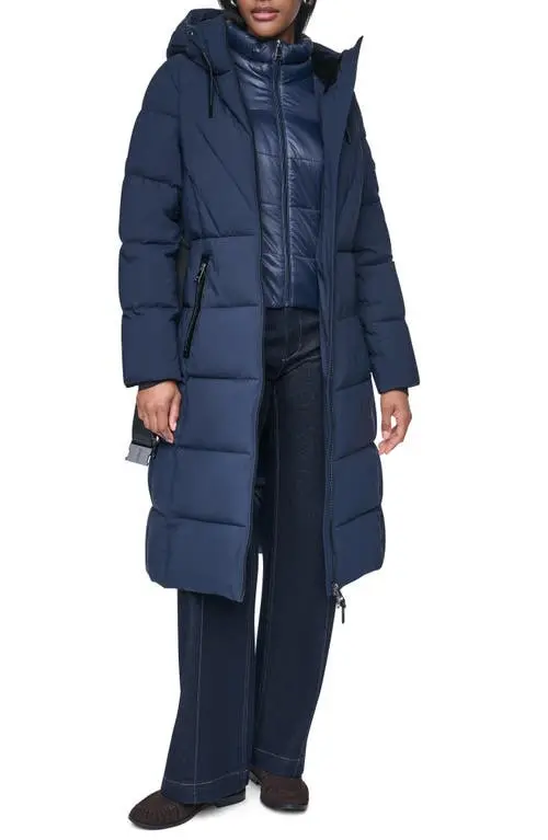 Dkny Water Resistant Belted Long Puffer Coat With Bib - Dark Navy