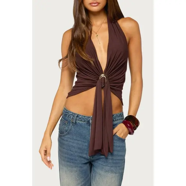 EDIKTED Dixi Buckle Draped Plunge Neck Halter Top