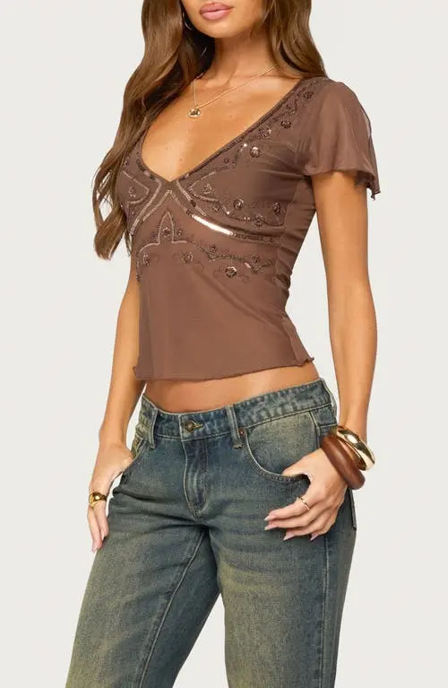 EDIKTED Ciri Sequin Mesh V-neck Top