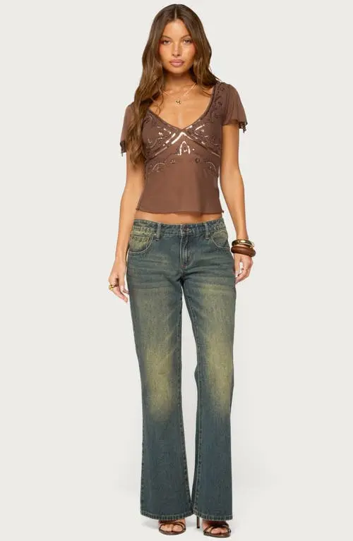 EDIKTED Ciri Sequin Mesh V-neck Top