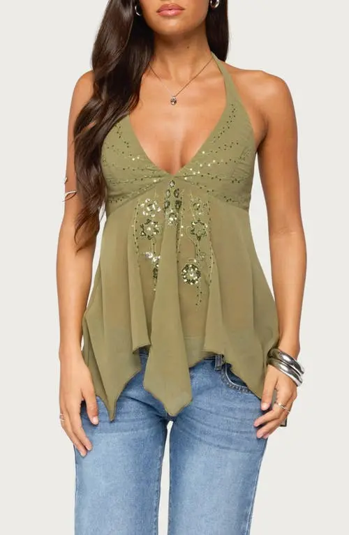 EDIKTED Bodie Sequin Chiffon Handkerchief Top - Olive