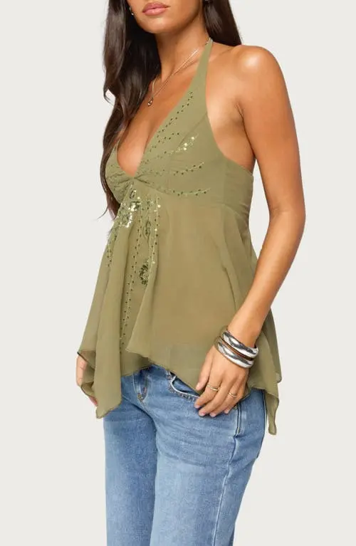 EDIKTED Bodie Sequin Chiffon Handkerchief Top