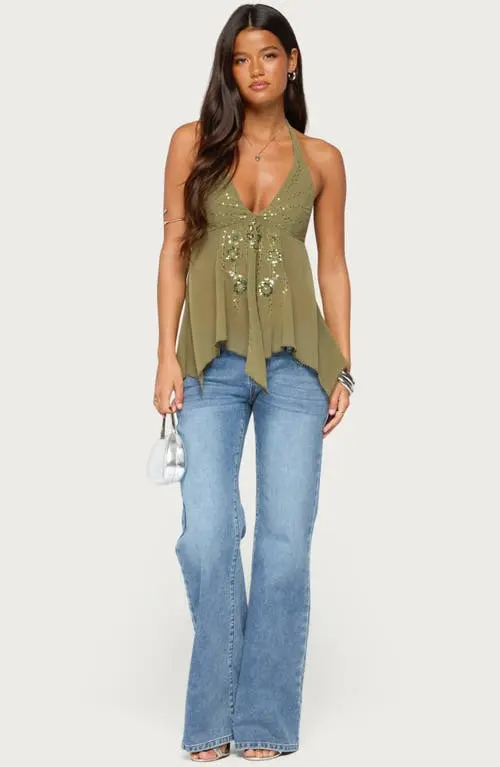 EDIKTED Bodie Sequin Chiffon Handkerchief Top