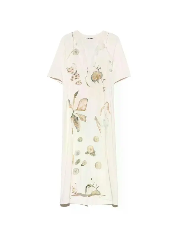 Bimba Y Lola Ivory Printed Dress With Lace Detailing On Bib - Neutrals