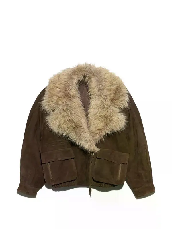 Bimba Y Lola Chocolate Leather Double-breasted Jacket With Fur Collar - Brown