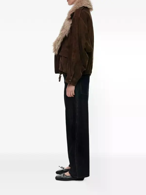 Bimba Y Lola Chocolate Leather Double-breasted Jacket With Fur Collar