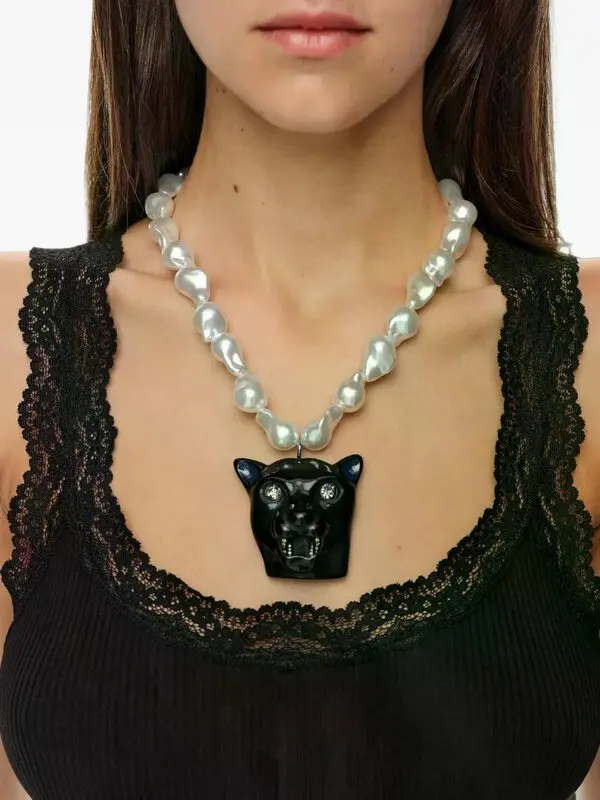 Bimba Y Lola Pearl Necklace With Black Resin Panther Head - Silver