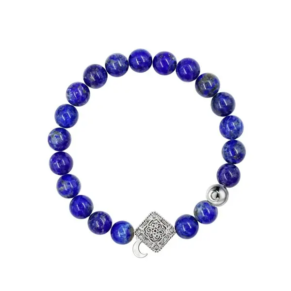 AUROZIA Silver / Blue Three Charms Lunar Bloom White Gold Plated Lotus And The Moon Coin Lapis Lazuli Beaded Bracelet - Silver/blue
