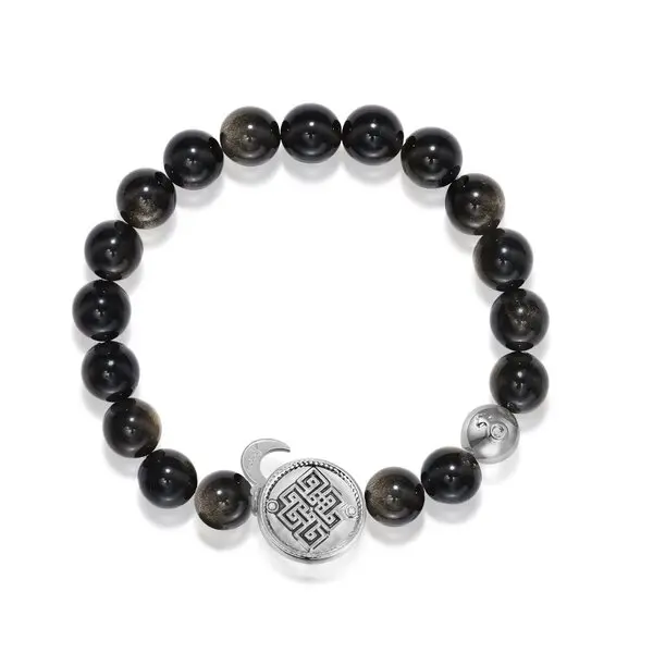 AUROZIA Black / Silver Three Charms Venus Bound White Gold Plated The Endless Love Knot And Venus Coin Gold Obsidian Beaded Bracelet For - Black/silver