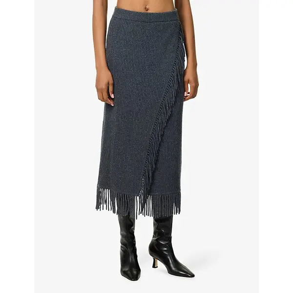 Simkhai Casey Fringed Knitted Wool And Cashmere Midi Skirt