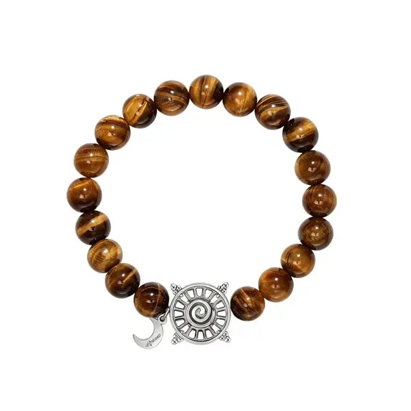 AUROZIA Three Charms Solar Meridian White Gold Plated Sundial And The Sun Coin Tiger's Eye Beaded Bracelet For L - Silver/yellow