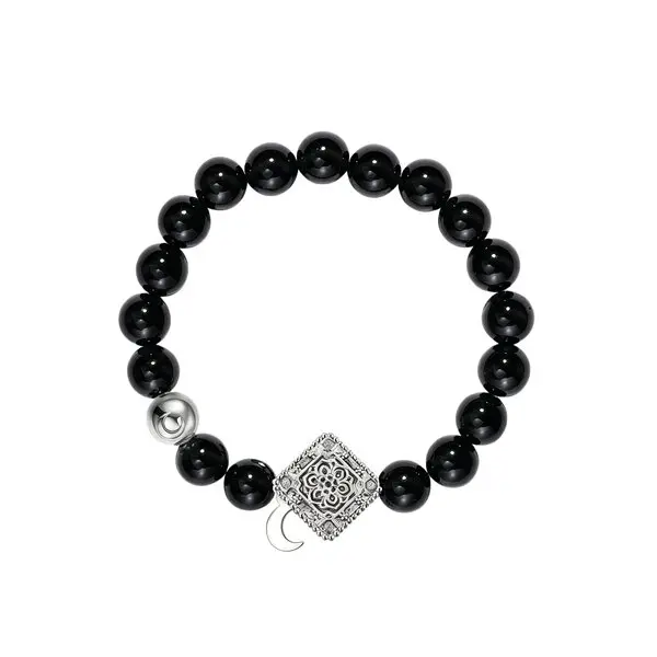 AUROZIA Black / Silver Three Charms Lunar Bloom White Gold Plated Lotus And The Moon Coin Black Agate Beaded Bracelet For L - Black/silver