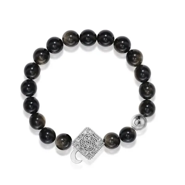 AUROZIA Black / Silver Three Charms Lunar Bloom White Gold Plated Lotus And The Moon Coin Gold Obsidian Beaded Bracelet For - Black/silver