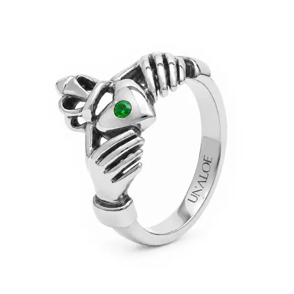 UNALOE Silver / Green Emerald Heart With Hands Ring – Sterling Silver
