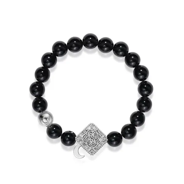 AUROZIA Silver / Black Three Charms Lunar Bloom White Gold Plated Lotus And The Moon Coin Black Agate Beaded Bracelet For M - Silver/black
