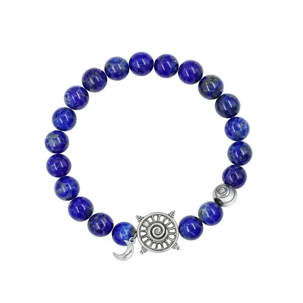 AUROZIA Blue / Silver Three Charms Solar Meridian White Gold Plated Sundial And The Sun Coin Lapis Lazuli Beaded Bracelet M - Blue/silver