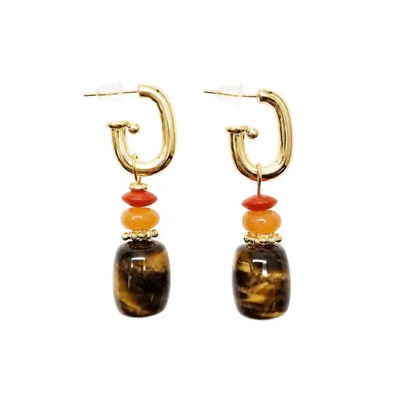 FARRA Tiger-eye Stone With Orange Aventurine Red Coral Hoop Earrings - Brown