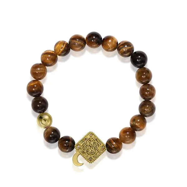 AUROZIA Gold / Yellow Three Charms Lunar Bloom Gold Plated Lotus And The Moon Coin Tiger’s Eye Beaded Bracelet - Gold/yellow