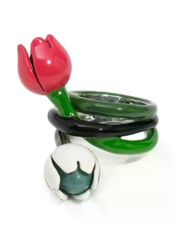 Bimba Y Lola Ring With Enameled Tulips - Silver