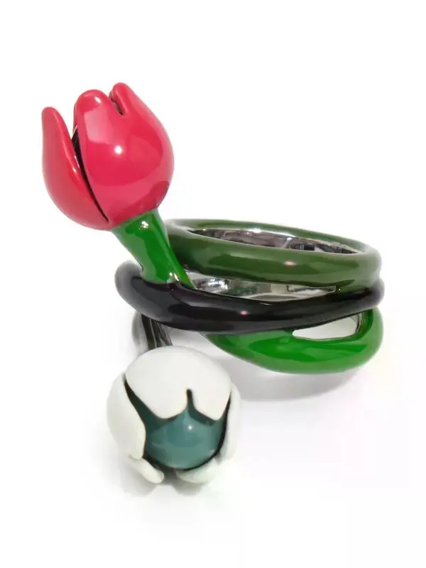 Bimba Y Lola Ring With Enameled Tulips - Silver
