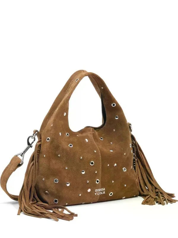 Bimba Y Lola Small Olive Suede Paper Bag With Fringing And Studs
