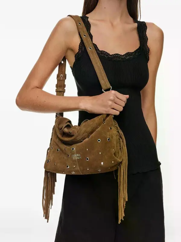 Bimba Y Lola Small Olive Suede Paper Bag With Fringing And Studs