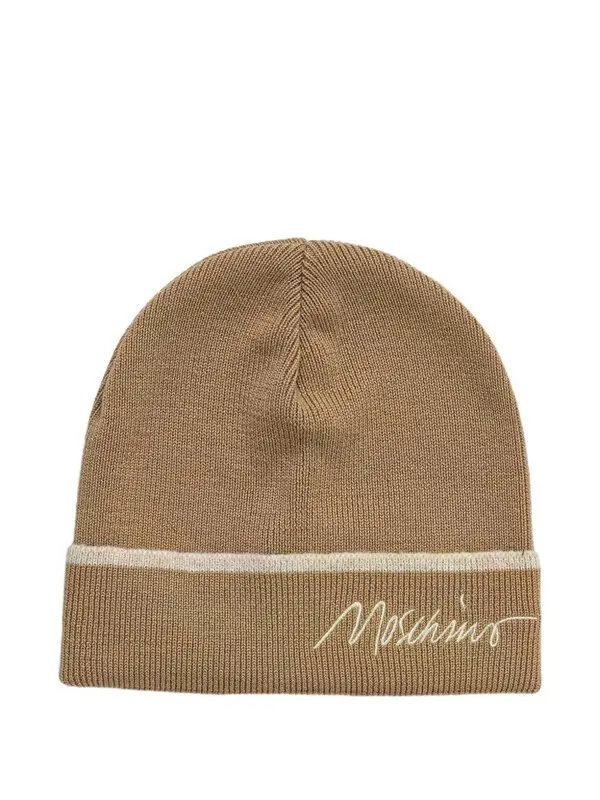 Moschino Logo-embroidered Stripe-detail Beanie Hat - Neutrals