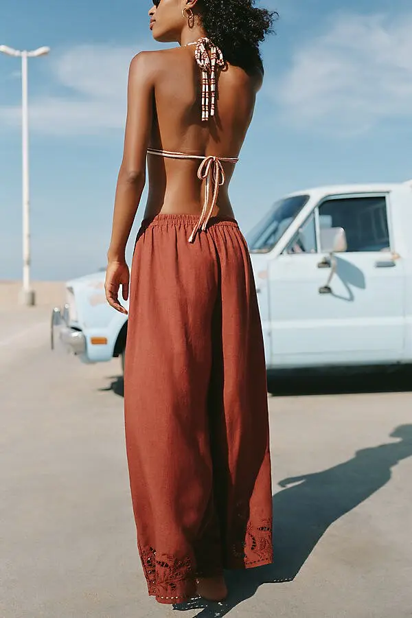 CELANDINE Cutout Len Blend Pants - Brown
