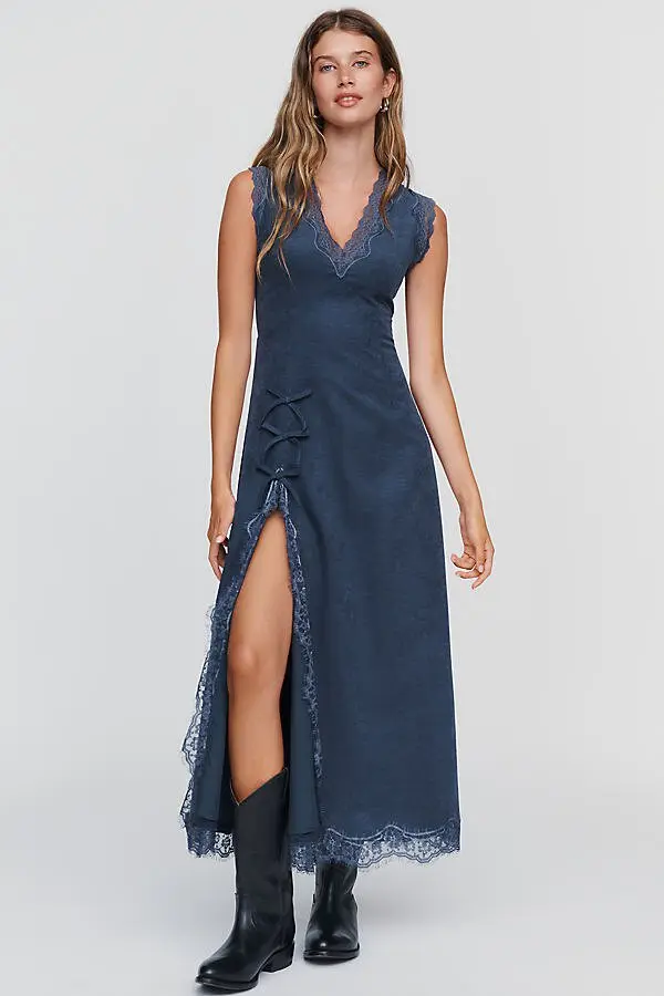 Moon River Faux-suede Lace-trim Midi Dress