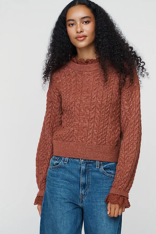 Anthropologie Cable Knit Ruffle Sweater - Chocolate