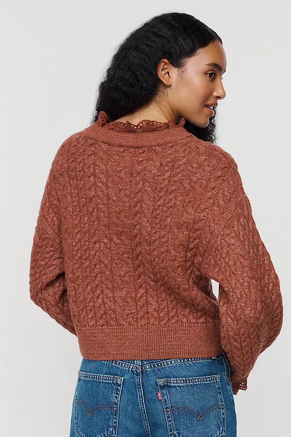 Anthropologie Cable Knit Ruffle Sweater - Chocolate