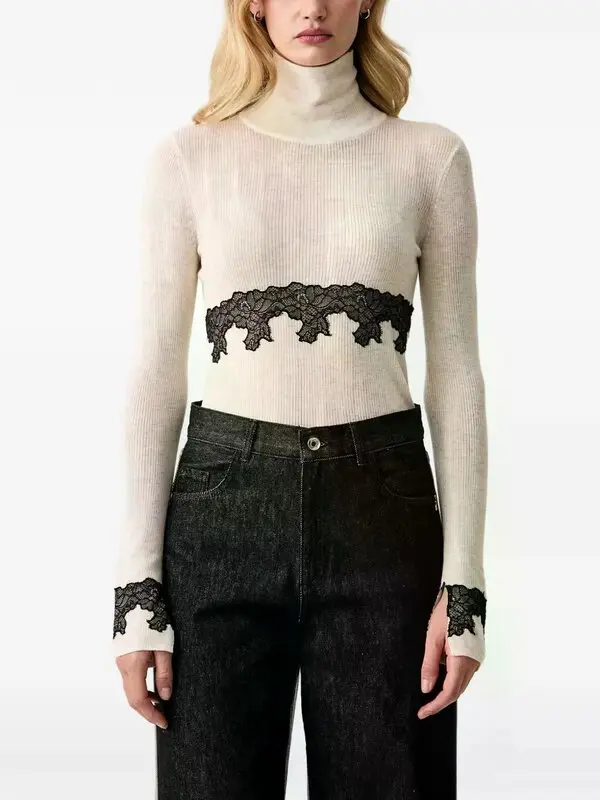 Patrizia Pepe Lace-trim Ribbed Turtleneck Sweater