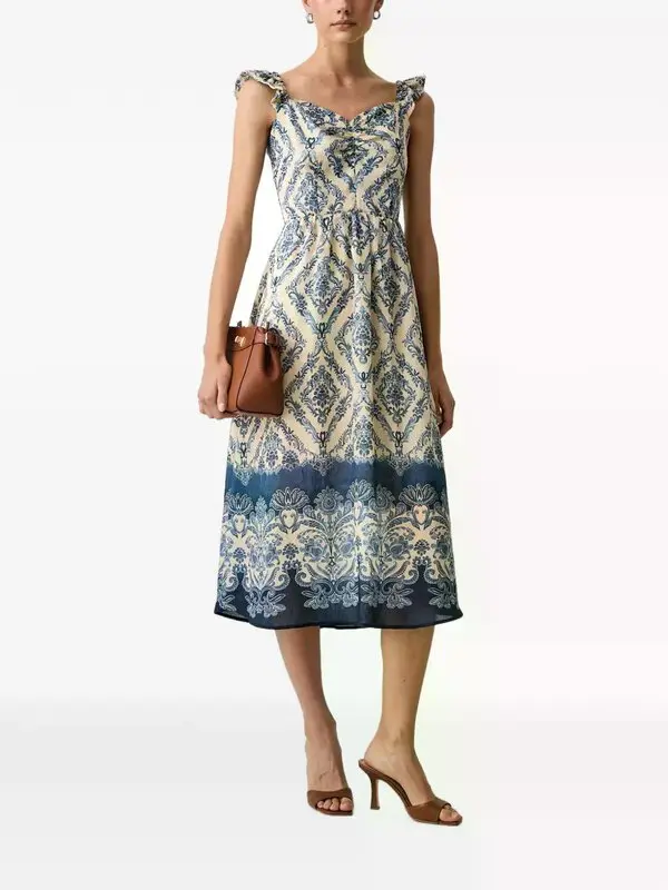 MORGAN Ruffled Damask-print Midi Dress