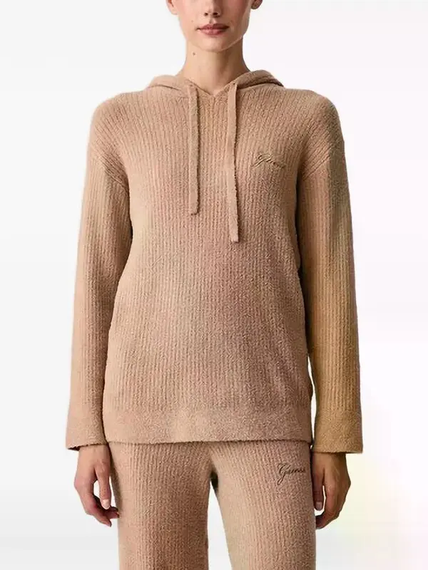 Guess Ribbed-knit Logo-embroidered Hoodie - Neutrals