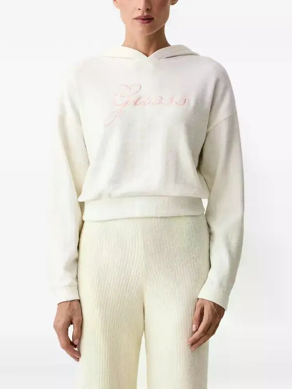 Guess Aria Logo-embroidered Dropped-shoulder Hoodie - Neutrals
