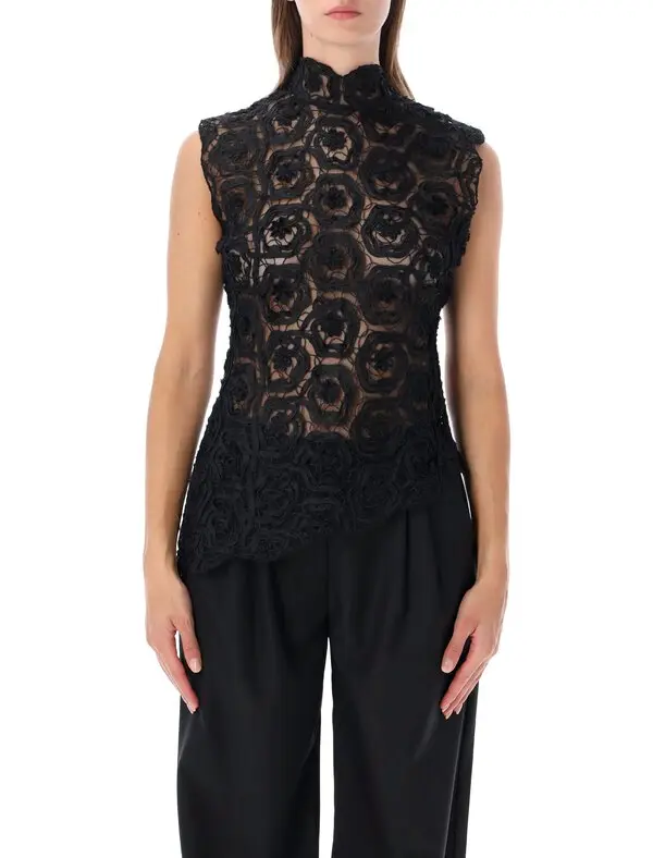 OPERASPORT Sleeveless Sheer Floral Lace Top - Nero