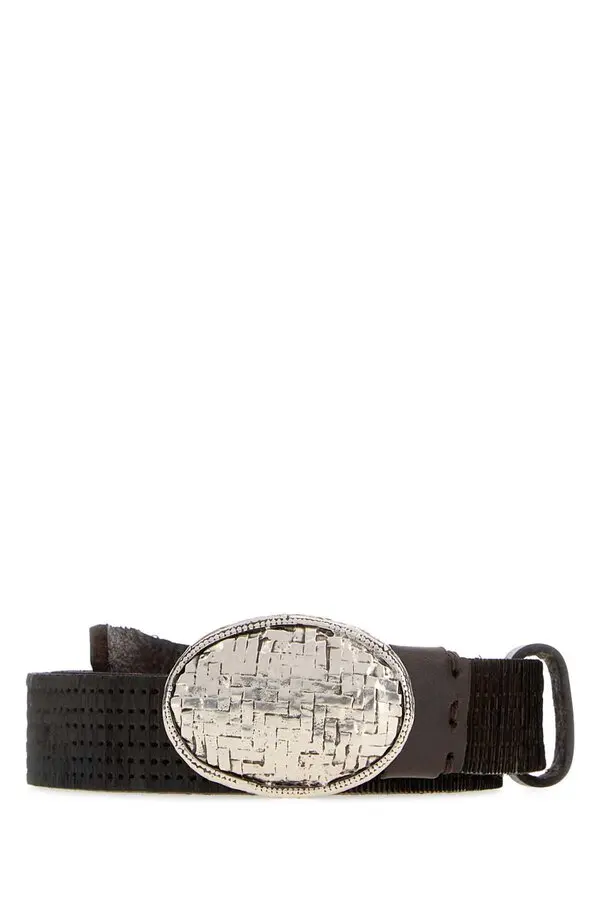 Brunello Cucinelli Dark Leather Belt With Antiqued Silver Hardware