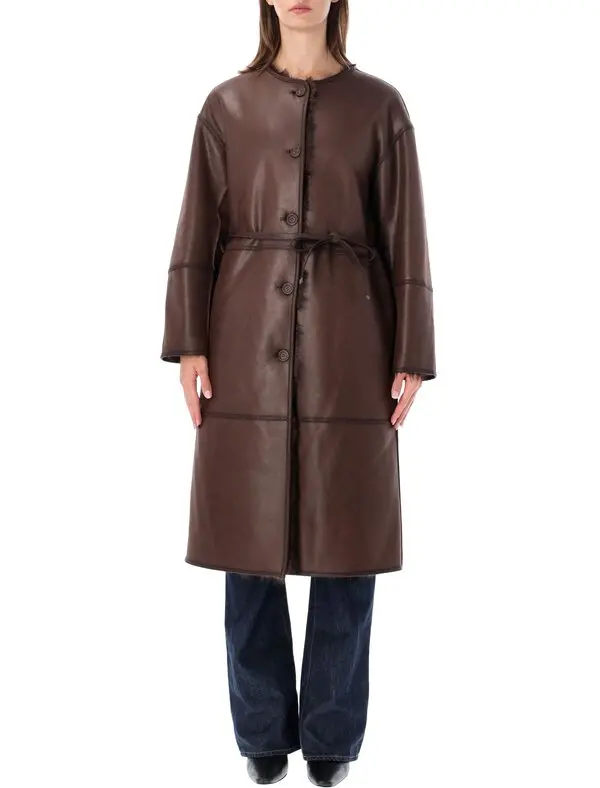 URBANCODE Belted Faux Fur Trim Long Coat - Marrone