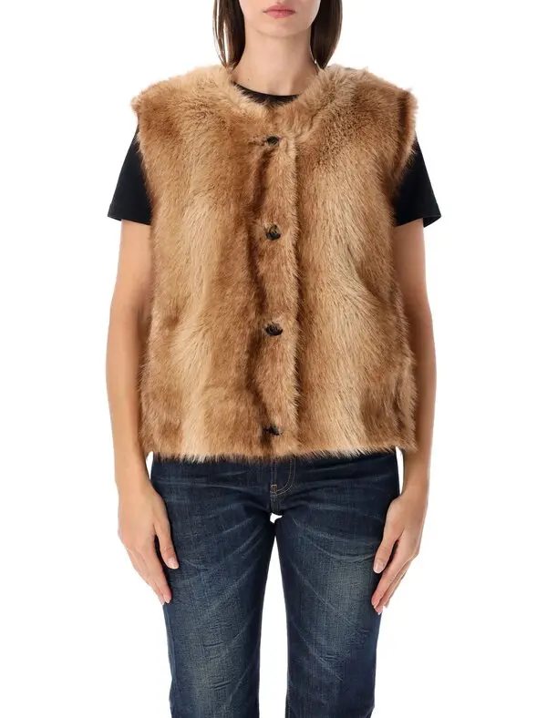 URBANCODE Faux Fur Button Front Vest - Beige Tan