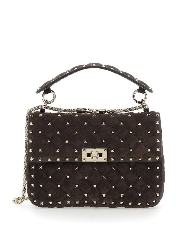 Valentino Garavani Rockstud Suede Mini Crossbody Handbag With Chain Strap - Brown