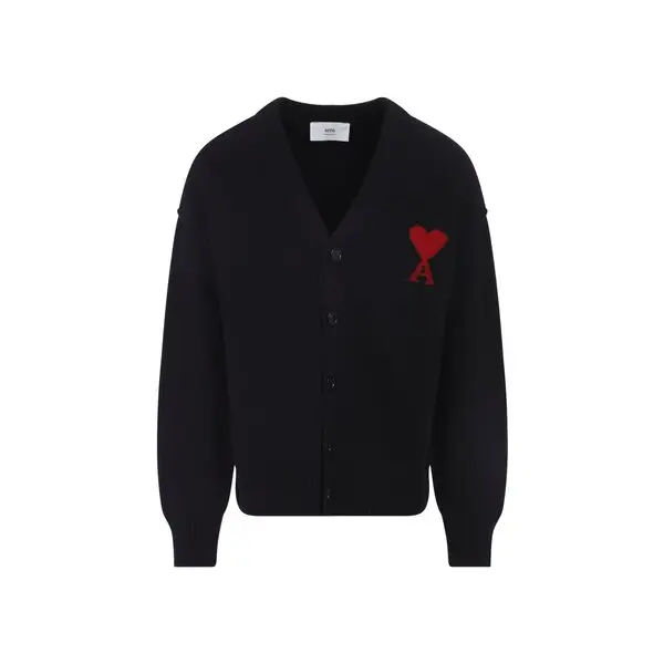 AMI Paris V-neck Cardigan With Contrasted Logo - Blackred